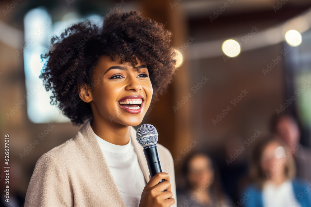 Young African American woman engaged in a public speaking event, filled ...