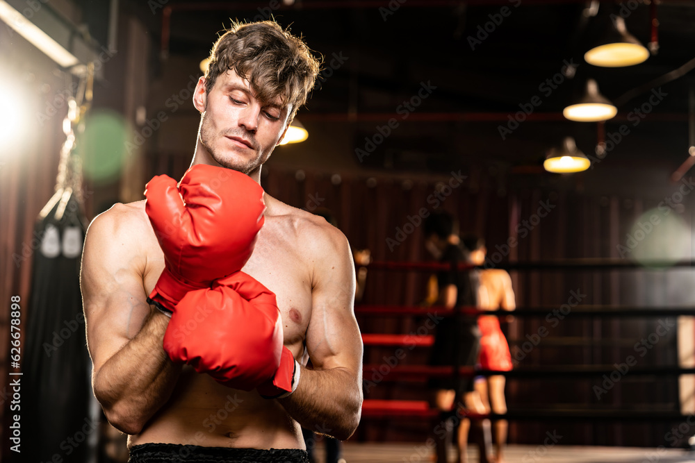 Boxing fighter shirtless posing, caucasian man boxer wearing red glove ...