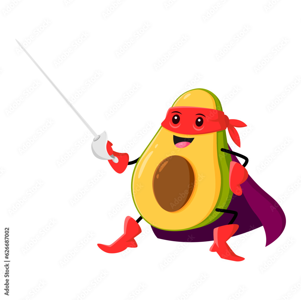 Cartoon avocado super hero vegetable character fencing with rapier ...