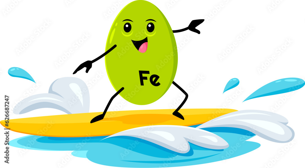 Cartoon ferrum micronutrient character on surf board during summer ...