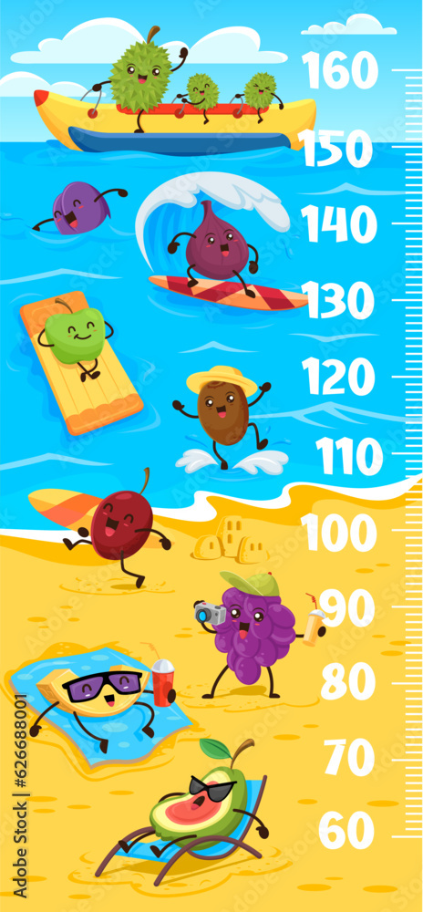 Kids height chart ruler cartoon funny fruits on summer beach. Vector ...
