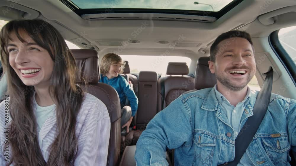 Family, transport, safety, road trip and people concept. Happy man and ...