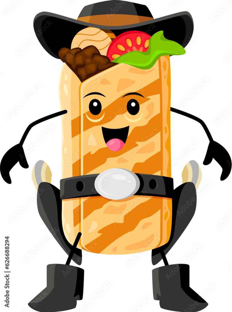 Cartoon fast food burrito cowboy, bandit character. Mexican food street ...