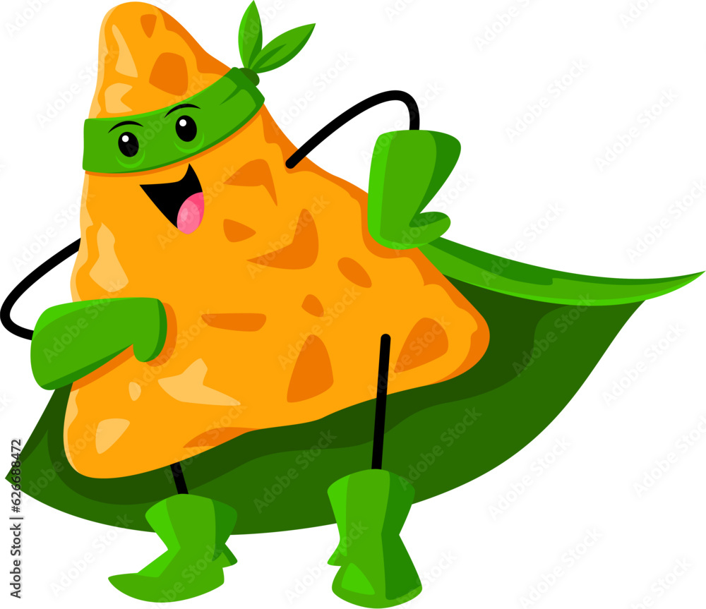 Cartoon fast food cute nacho superhero character. Mexican cuisine chips ...