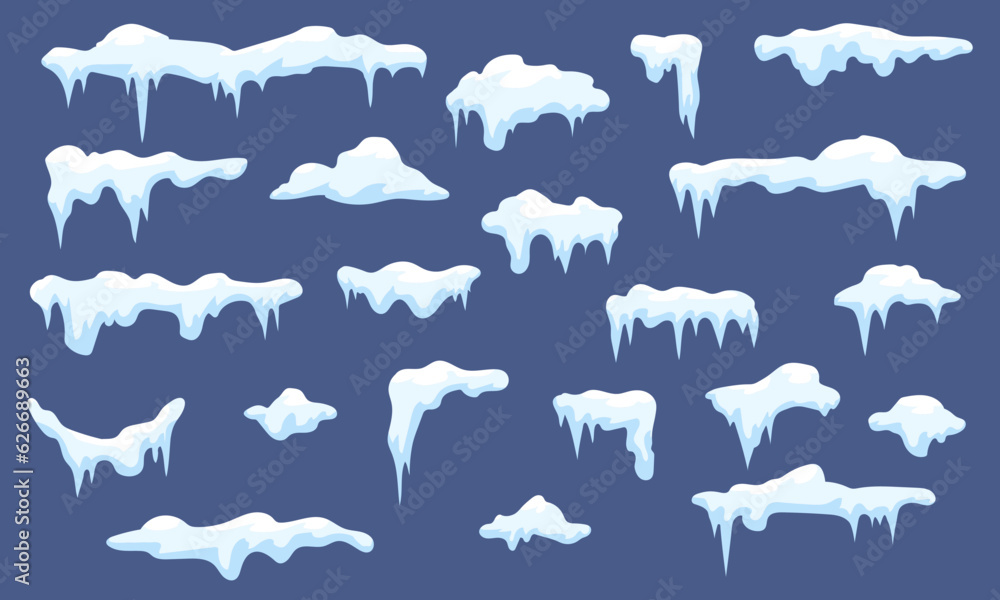 Cartoon snow caps kit. Flat winter cap with icicles, snowing christmas ...