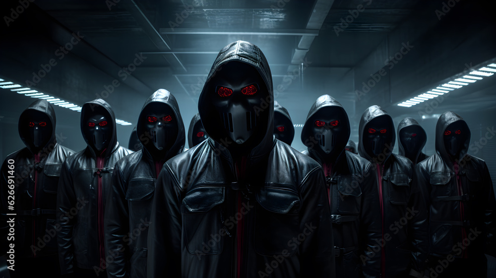 Dark and futuristic concept of a cyber attack. Hooded hackers in a ...