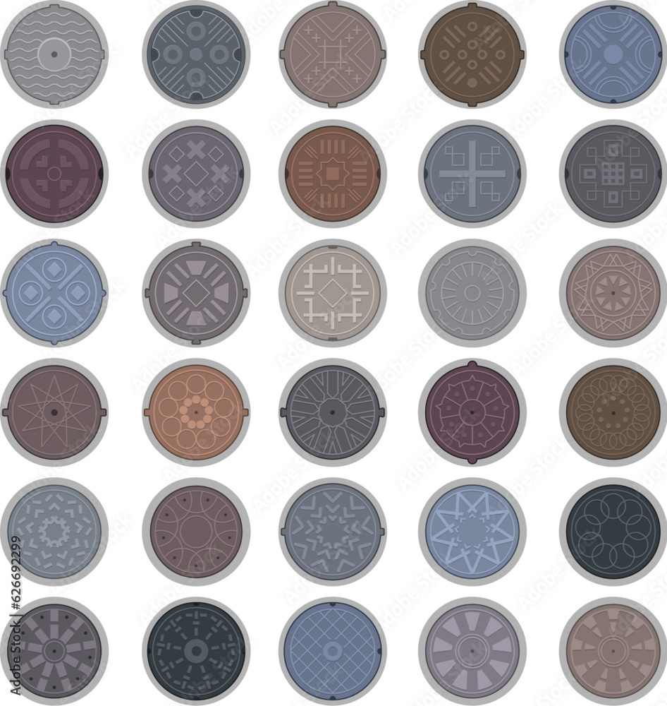 Manhole sewer. Round shapes top view steel manhole sewer recent vector ...