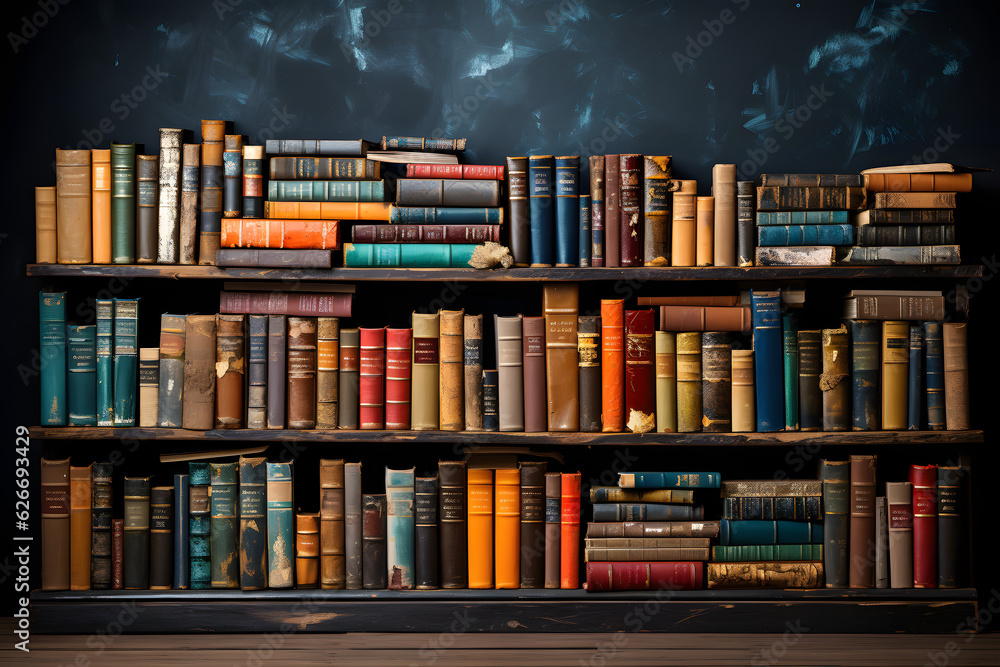 Wooden book shelf filled with books in various shape and sizes ...