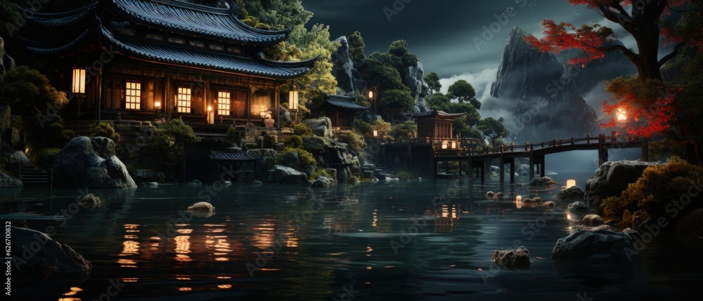 Mystical Japanese Temple Overlooking Serene Pond under Moonlight with ...
