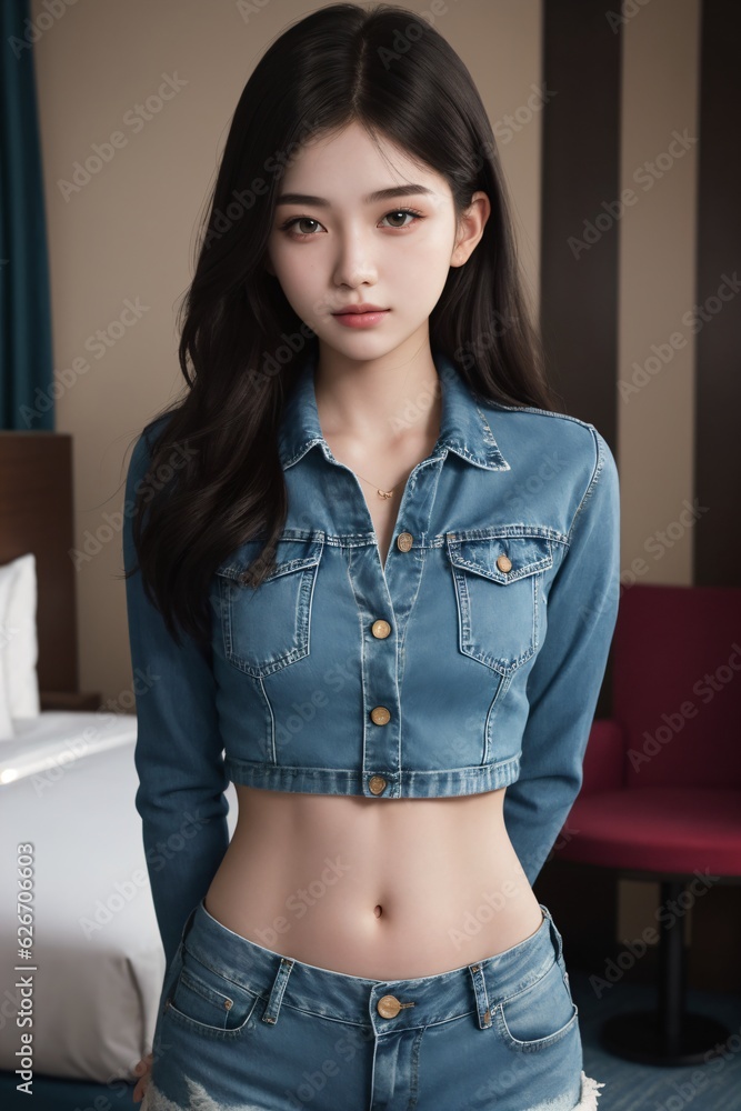 Hyper-realistic portrait of a centered 22-year-old woman with a pure ...