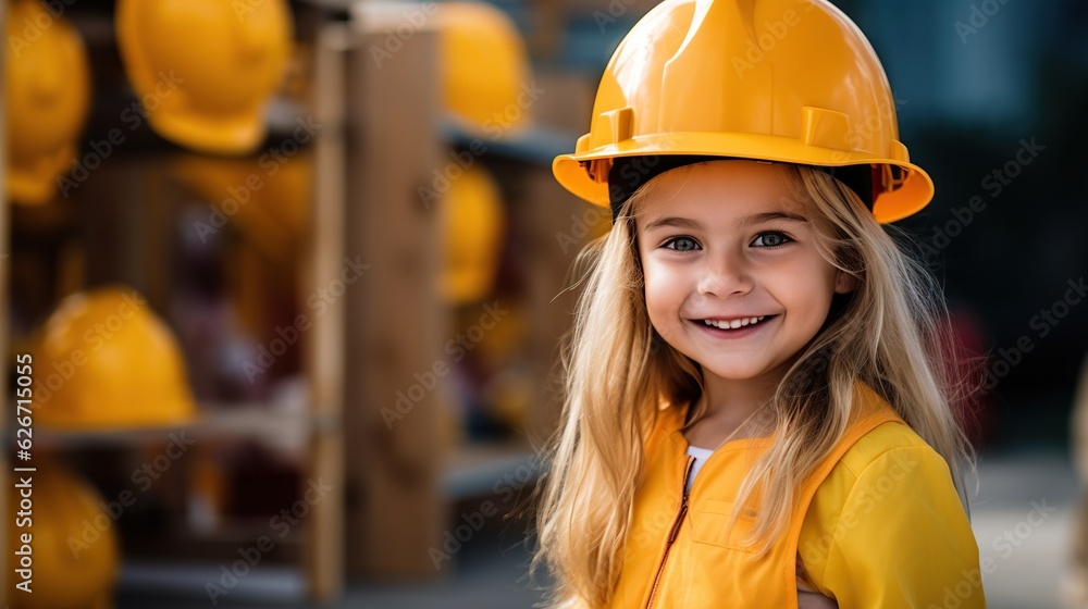 Smiling Cute Girl construction worker look on free background - labor ...