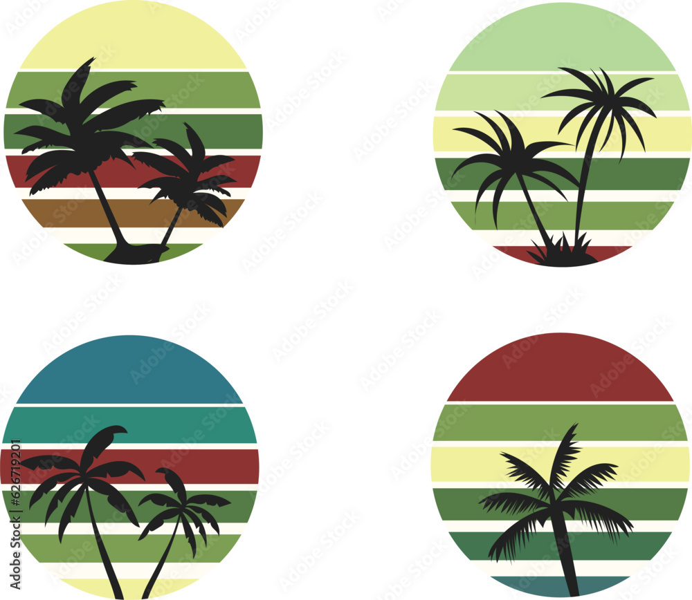 set of island icons. retro sunsets in the style of the 80s and 90s ...