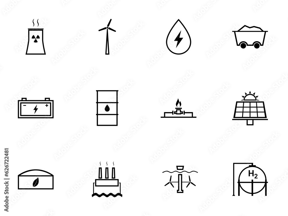 Energy Sources & Electricity Generation Line Art SVG icon set Stock ...