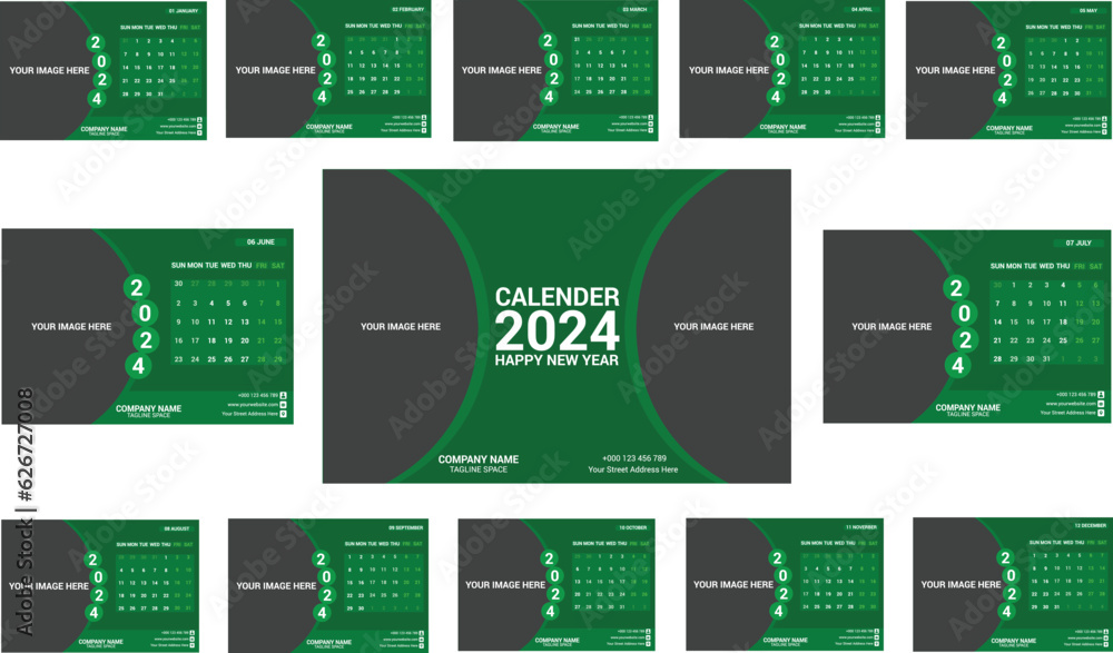 Set of 2024 Calendar Planner Template with Place for Photo and Company ...