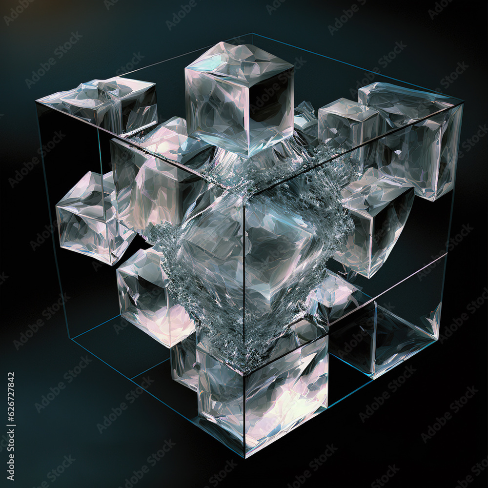Modern digital abstract art of glassy geometric transparent cubic shape ...
