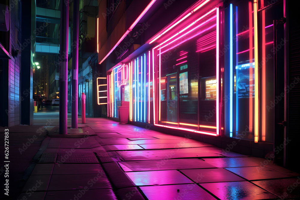 city street alley in the night with neon light storefronts Stock ...