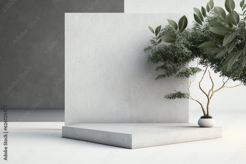 Grey cement display podium and houseplant decor background template ...