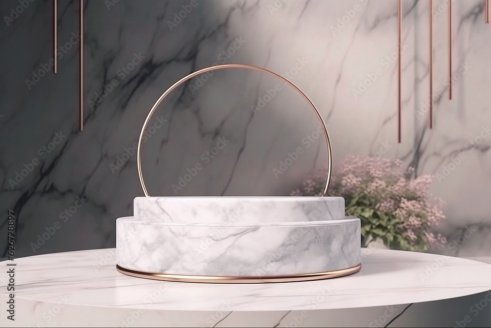 ภาพประกอบสต็อก Metallic arch frame on marble rock cake podium. Romantic ...