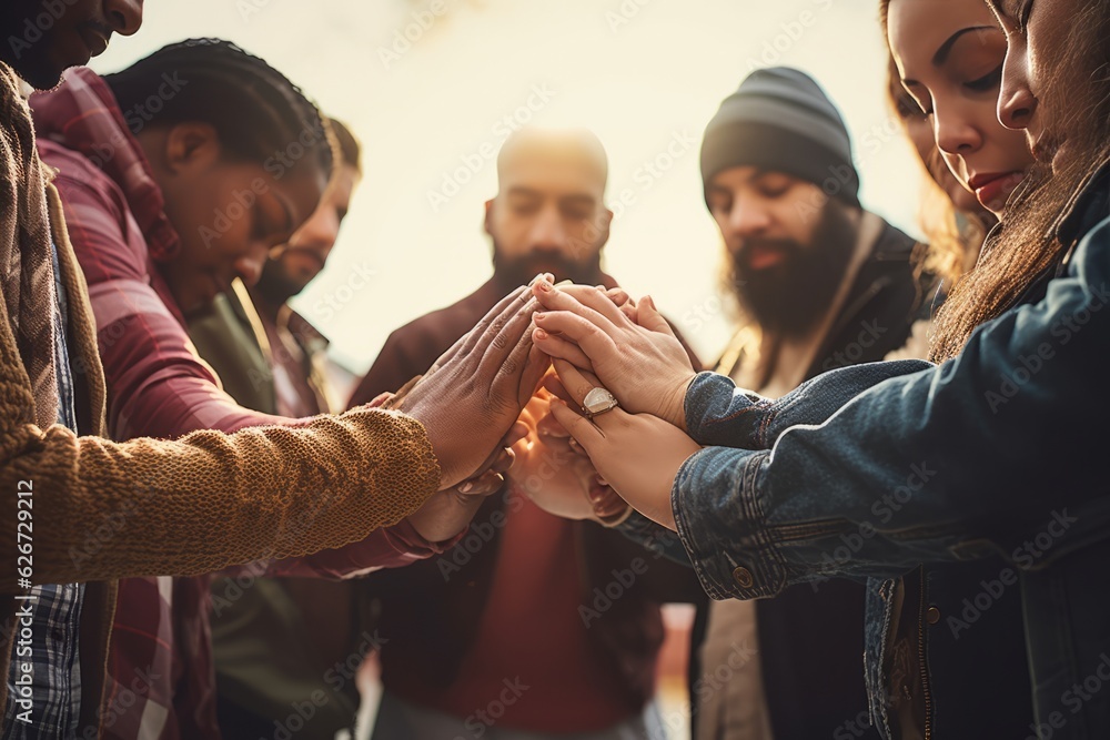 Group of young poeple united in a prayer circle, showing solidarity and ...
