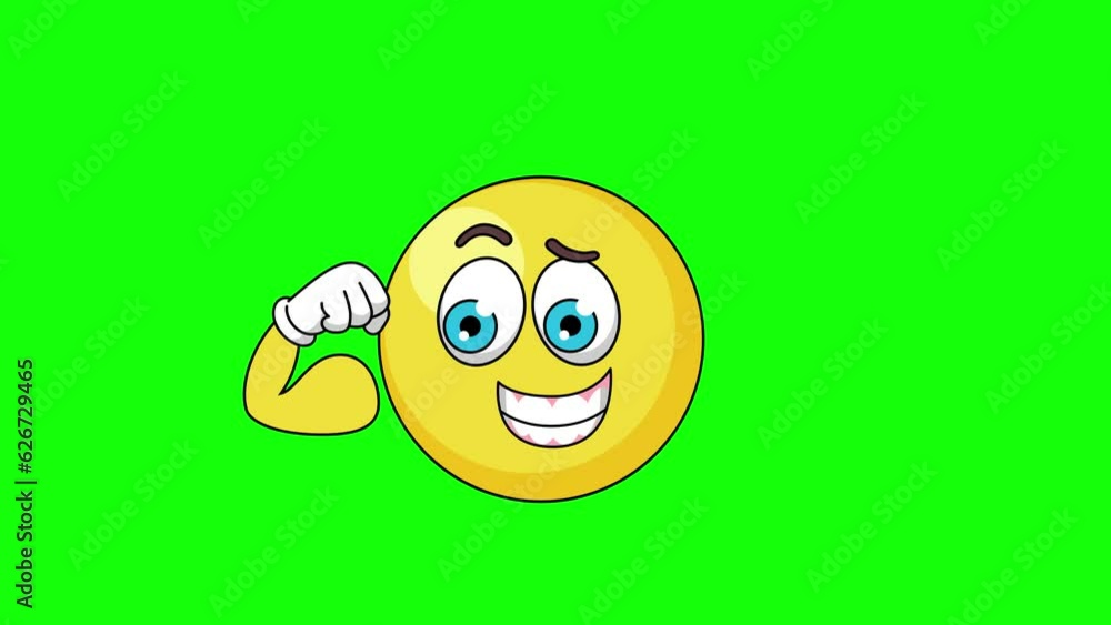 Flexing muscle of yellow emoticon, strong pose emoji animation on a ...