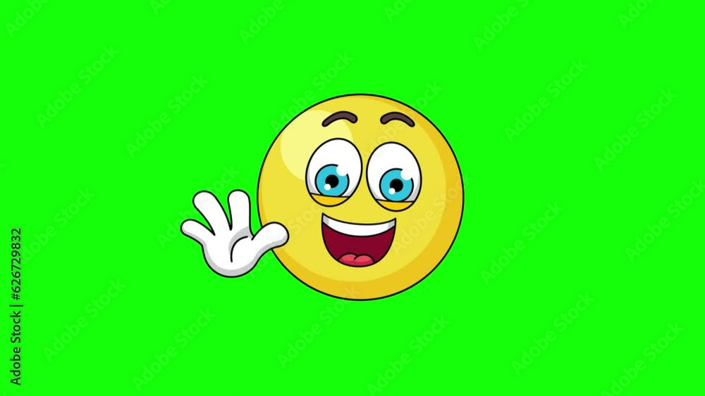 Waving hand animation of a yellow emoticon, emoji character on green ...