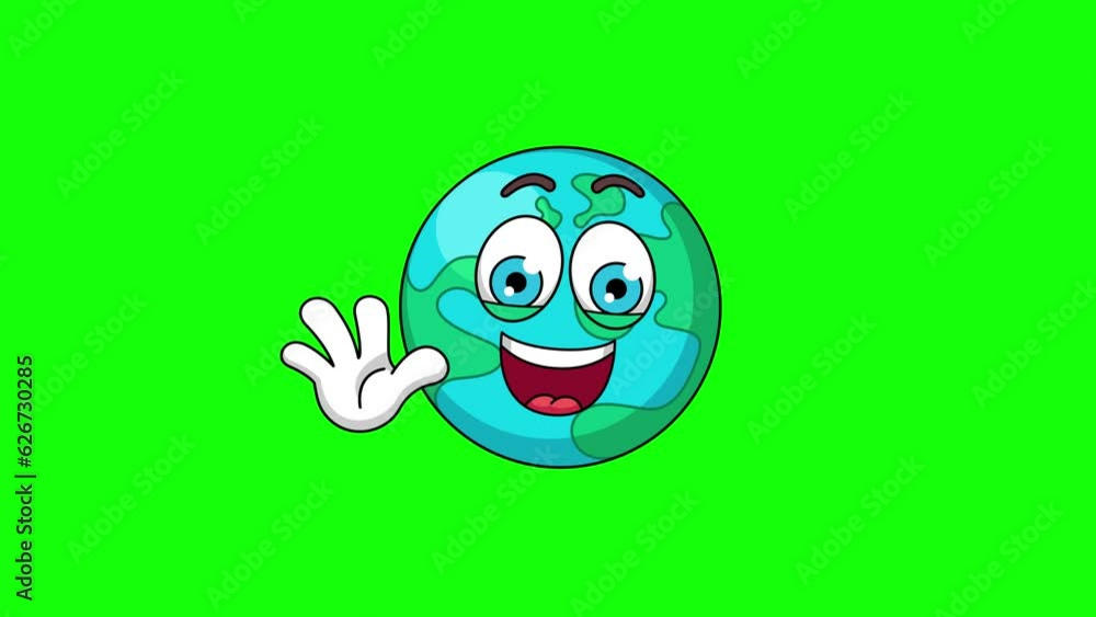 Waving hand animation of a earth emoticon, emoji character on green ...