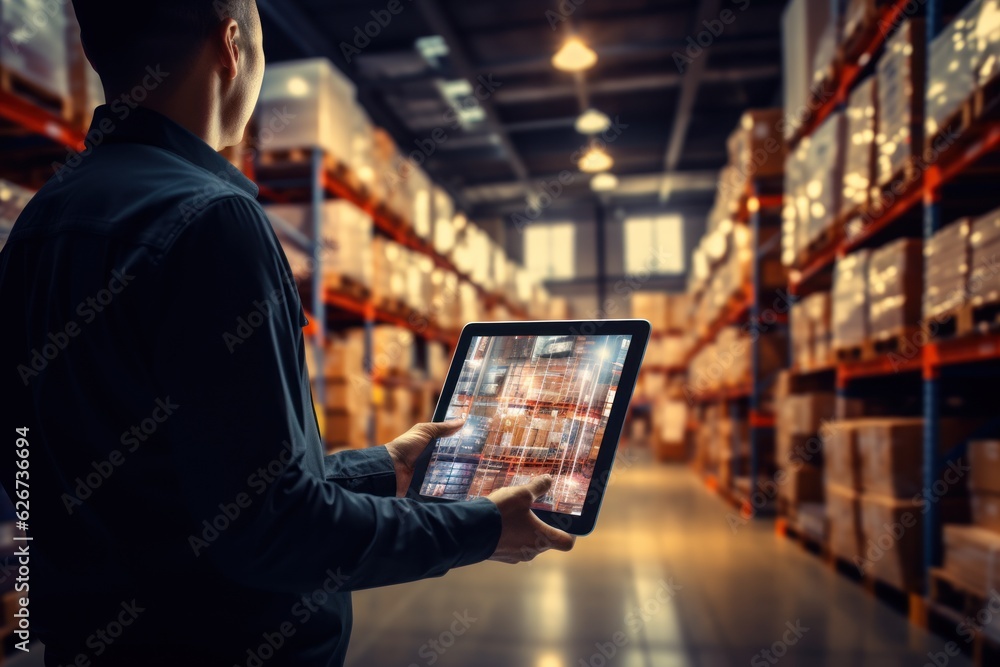 Smart warehouse, inventory management system concept, a manager using digital tablet showing ...