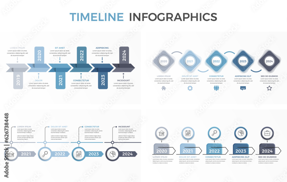 Four timeline infographic templates, vector eps10 illustration Stock ...
