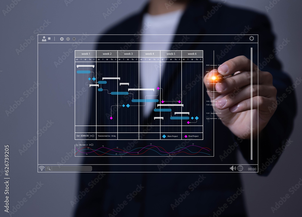 business manager managing business planning project schedules in the office. Gantt chart showing ...
