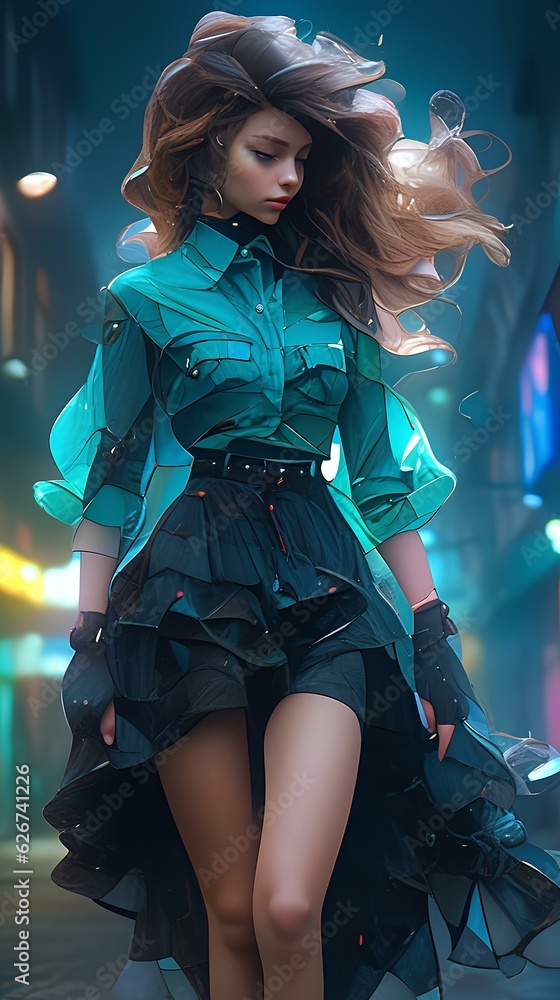 beautiful woman walking down the street, skirt blowing up in the wind ...