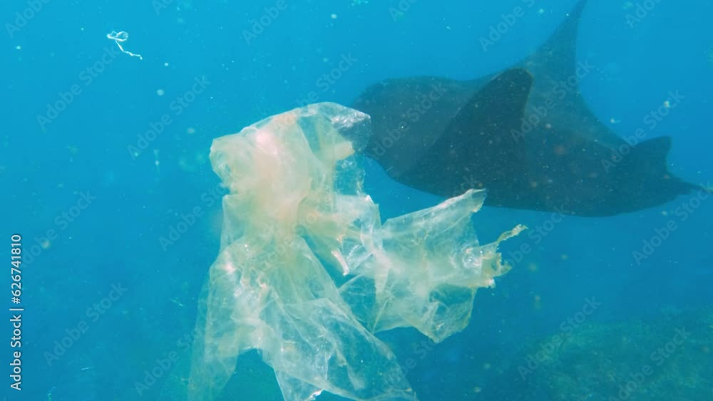 Plastic bags in clear water Huge sea manta ray floats ocean. Plastic ...