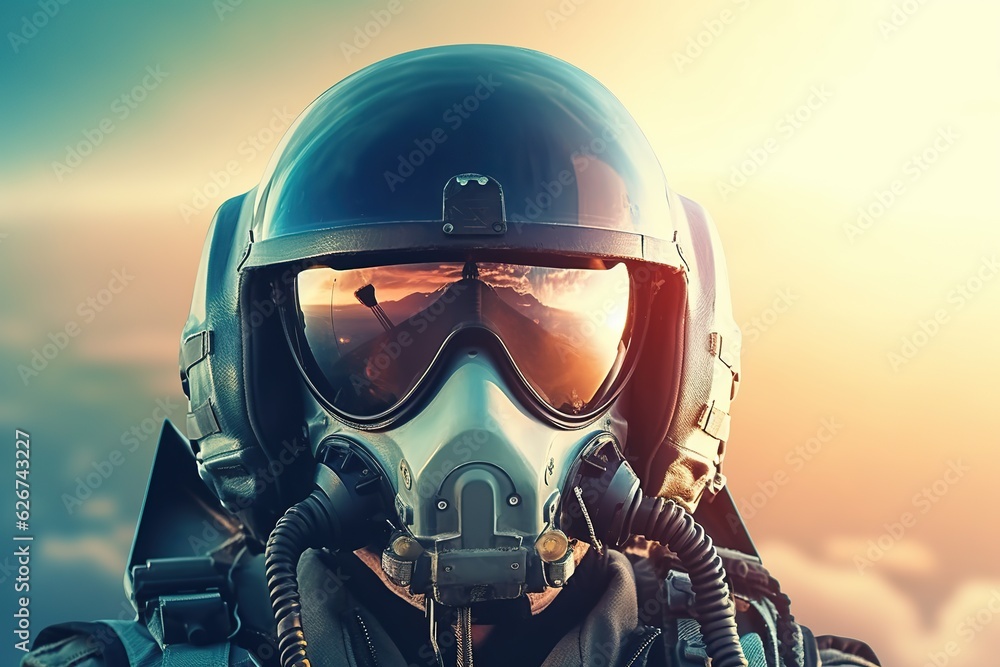Fighter Pilot in flight wearing flying helmet, dark visor and oxygen ...