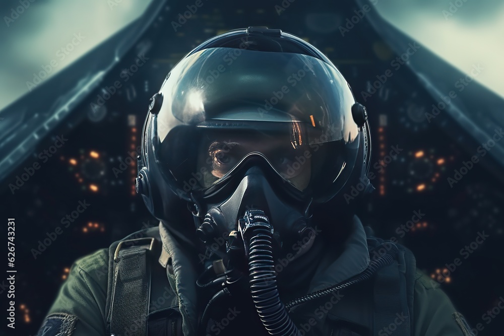 Fighter Pilot in flight wearing flying helmet, dark visor and oxygen ...