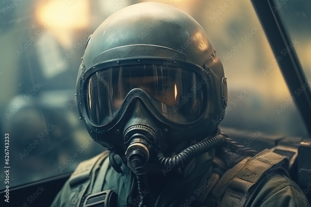 Fighter Pilot in flight wearing flying helmet, dark visor and oxygen ...