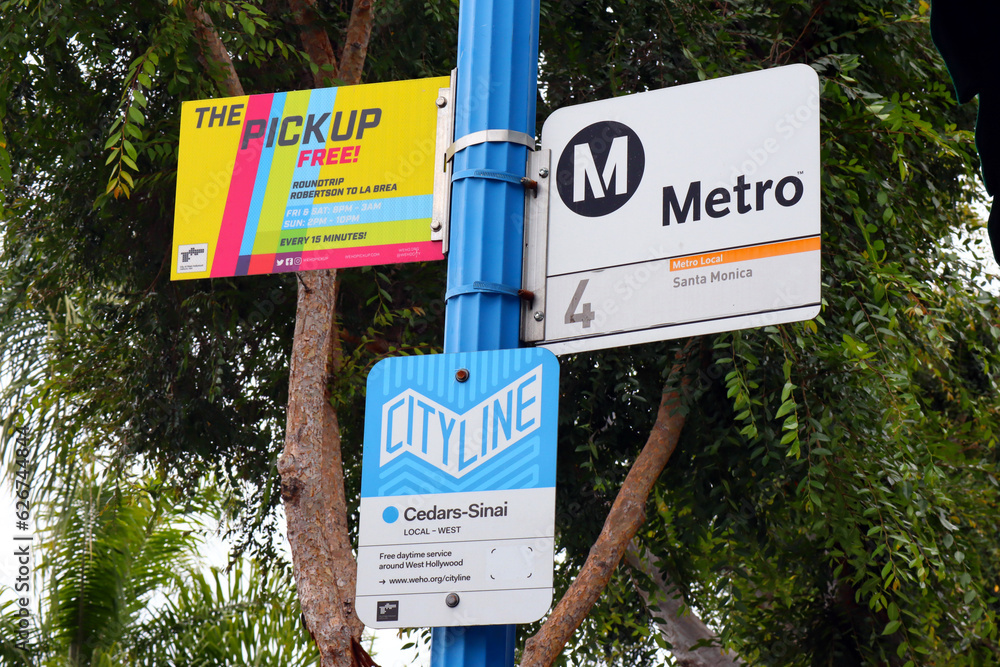 West Hollywood, California: CITYLINE, LA METRO and THE PICKUP Bus Stop ...