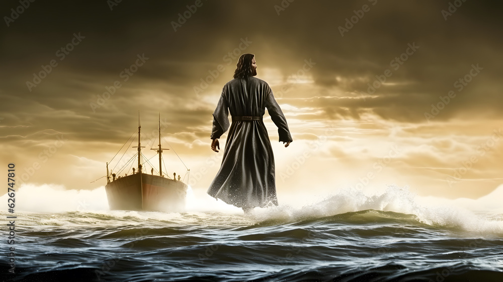 Jesus Christ walking on water across the sea towards a boat. Stock ...