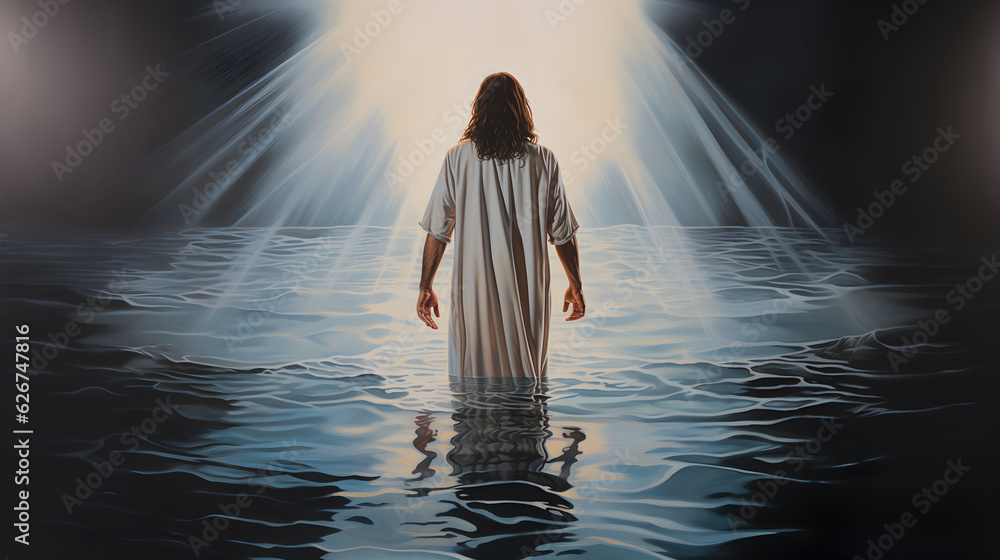Back view of Jesus Christ walking on water Stock Photo | Adobe Stock
