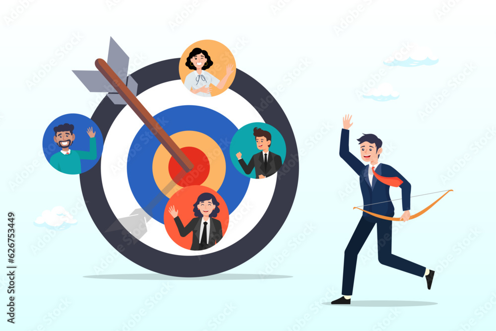 Vecteur Stock Businessman shooting bow on people target bullseye, target audience for ...