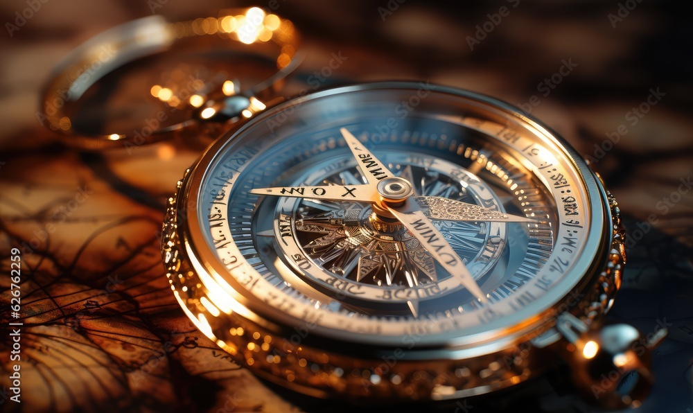 Magnetic compass and location marking with a pin on routes on world map ...