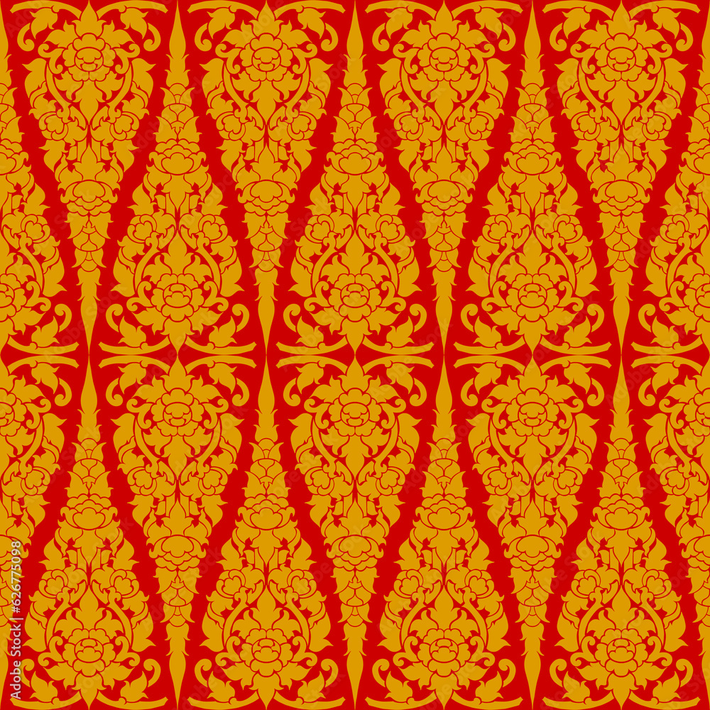 Thai ikat seamless pattern on red background, thai pattern temple, Gold ...