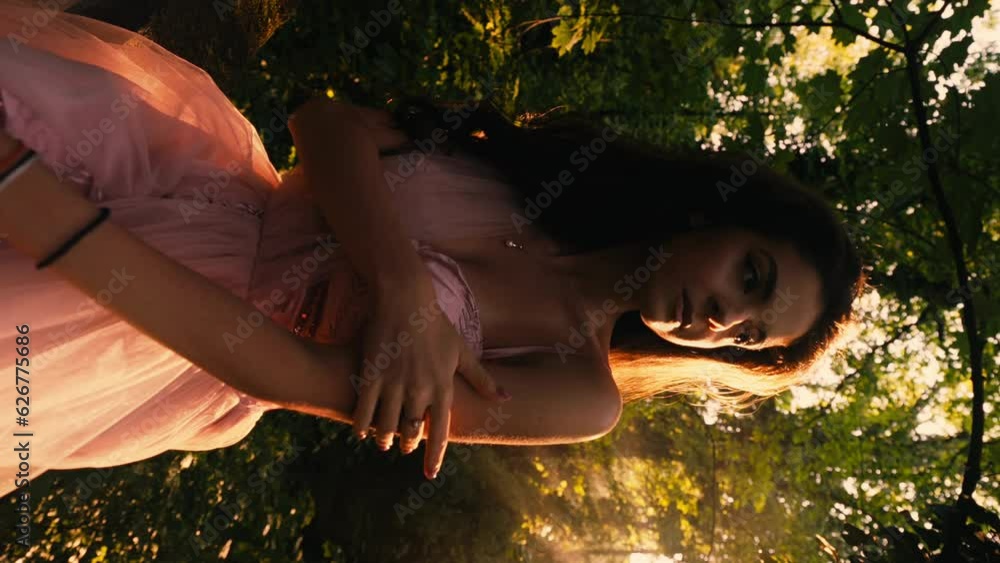 Young Beautiful Brunette Woman Wearing Pink Wedding Dress, Sensual Pose ...