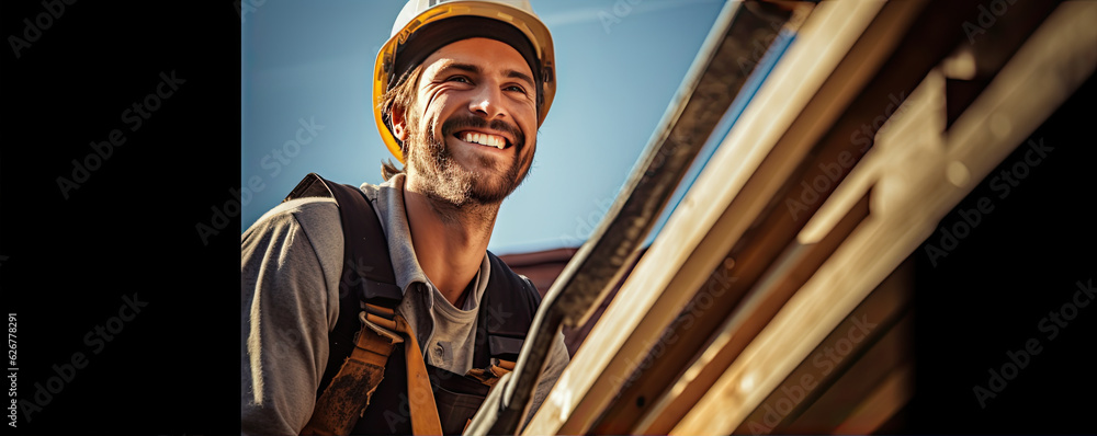 Smiling worker on roof construction on ledder with work uniform an hard ...
