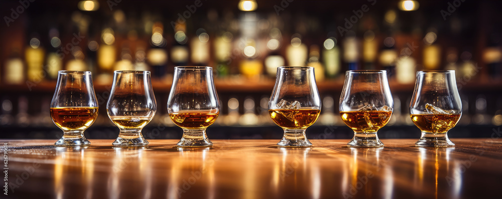 Whiskey glasses in row at wooden bar in pup or restaurant. Stock Photo ...