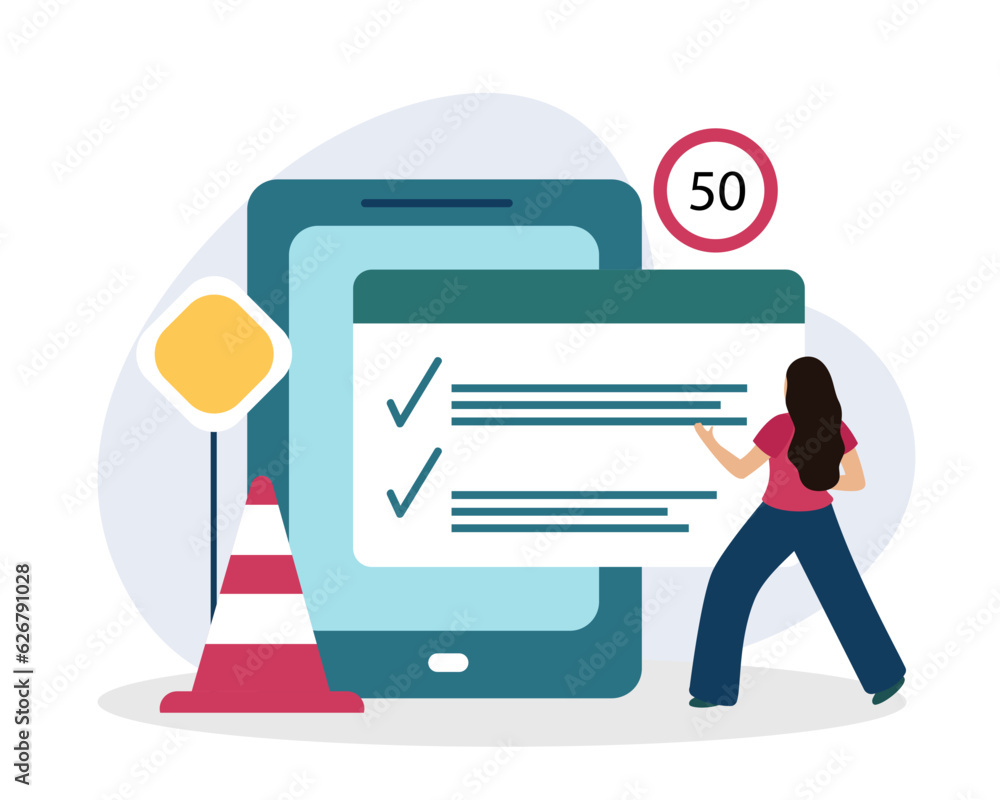 Woman looking at road signs and answers questions, passing test ...