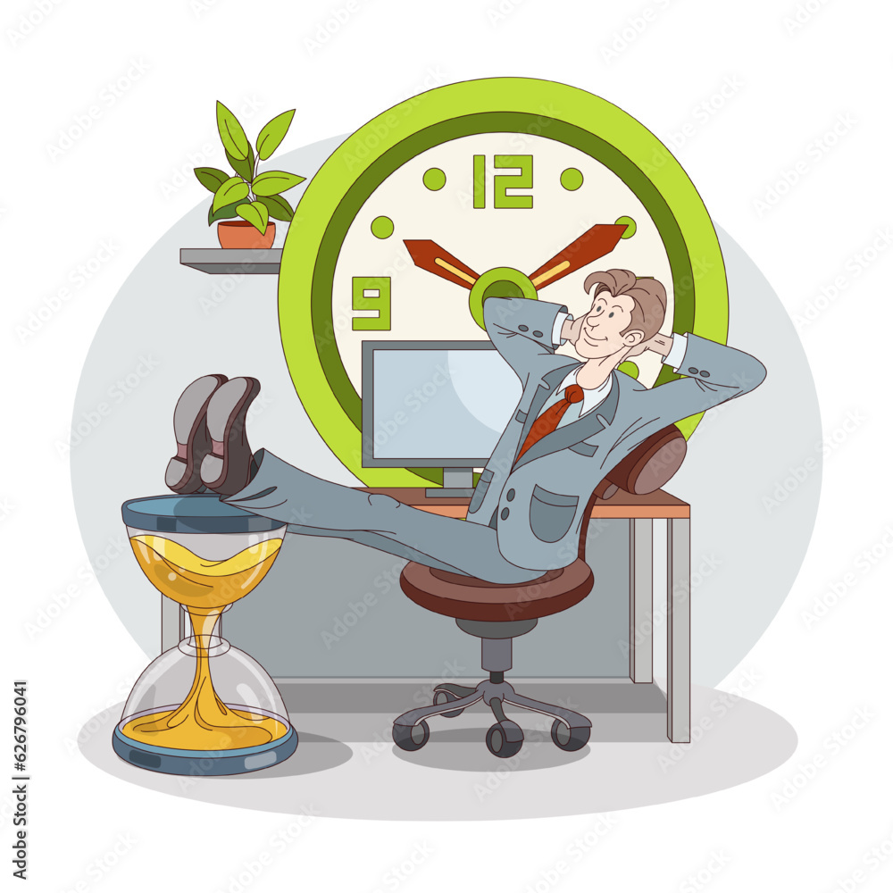 Male sitting near work place and resting after work. Time management ...