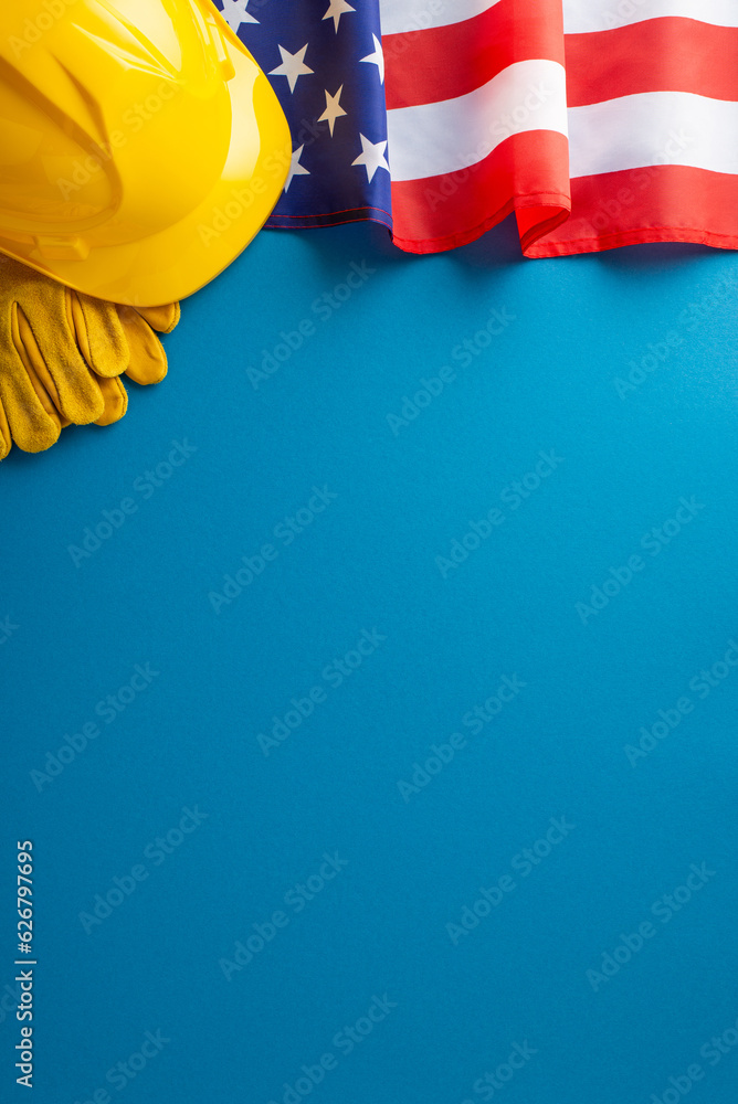 Labor Day plumbing theme. Vertical top view of USA flag, plumber's ...