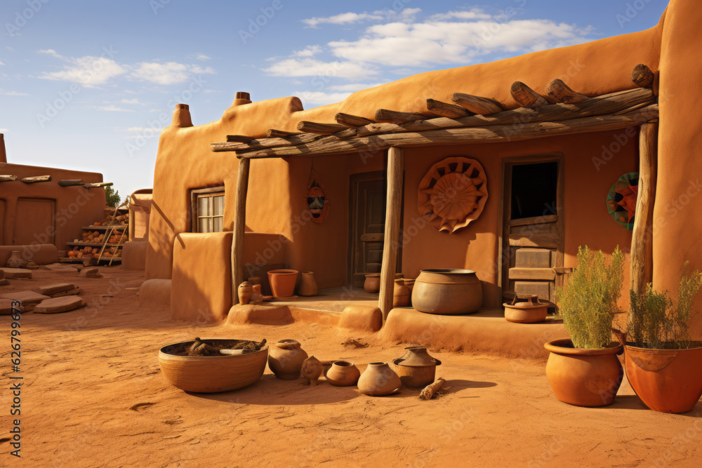 Adobe house, single-story house made of sun-dried clay bricks, with ...