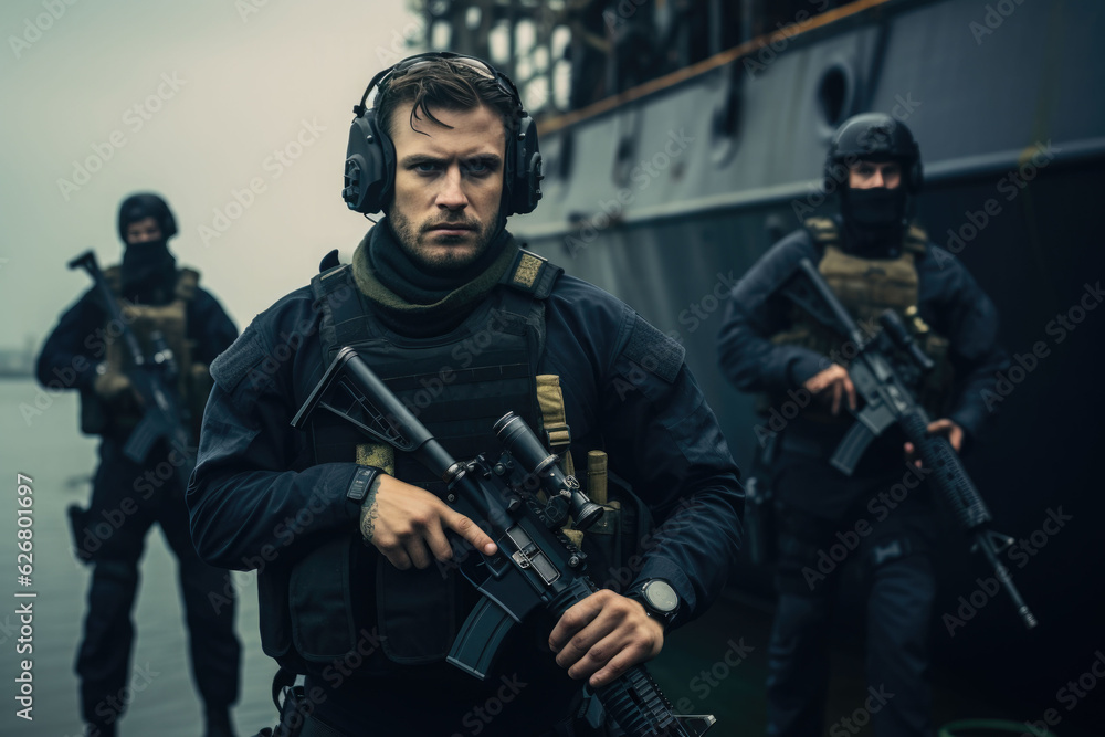 Special forces teams operate on ships at sea. Stock-Illustration ...