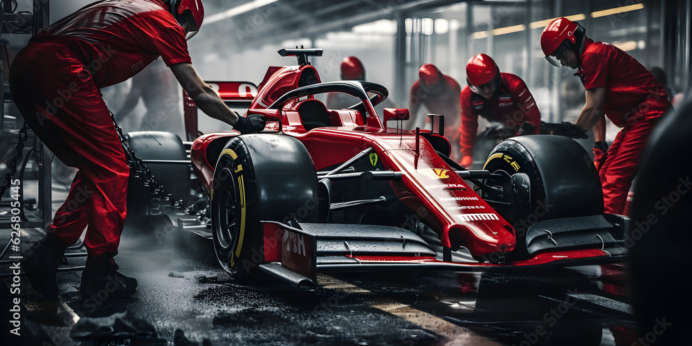 Poster, Foto Formula one race car pit crew ready for action in the pit ...