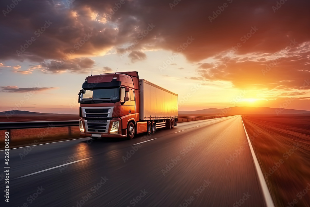 Fast-moving semi-trailer truck on a sunset road Stock Illustration ...